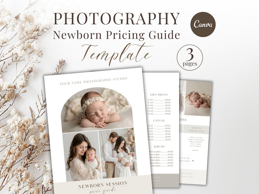Newborn Pricing Guide for Canva, 3 Page Newborn Photography Price List Template, Canva Digital ...