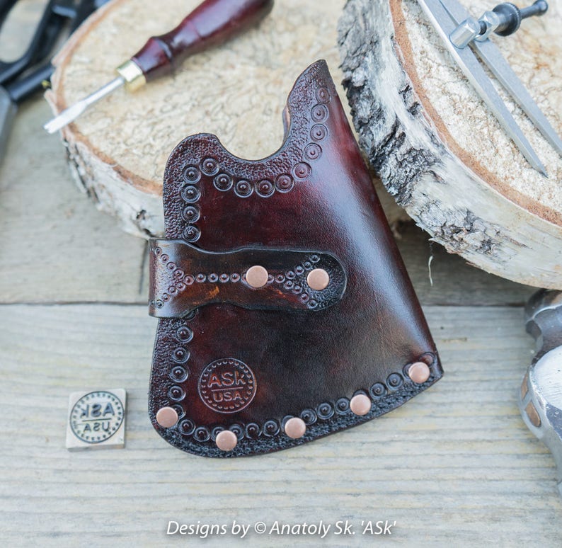 CUSTOM PREMIUM LEATHER Axe Sheath Stamped Borders Hand Crafted to Order ...