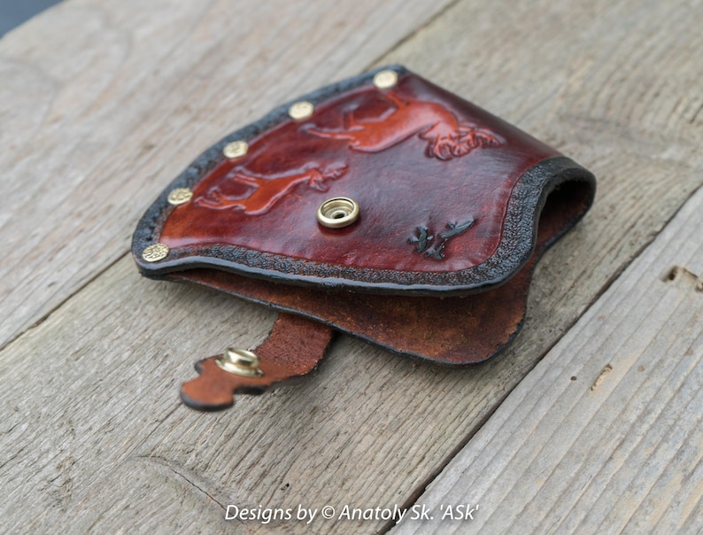 CUSTOM PREMIUM LEATHER Axe Sheath Stamped Borders & Deer Hand Crafted ...
