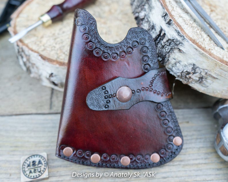 CUSTOM PREMIUM LEATHER Axe Sheath Stamped Borders Hand Crafted to Order ...