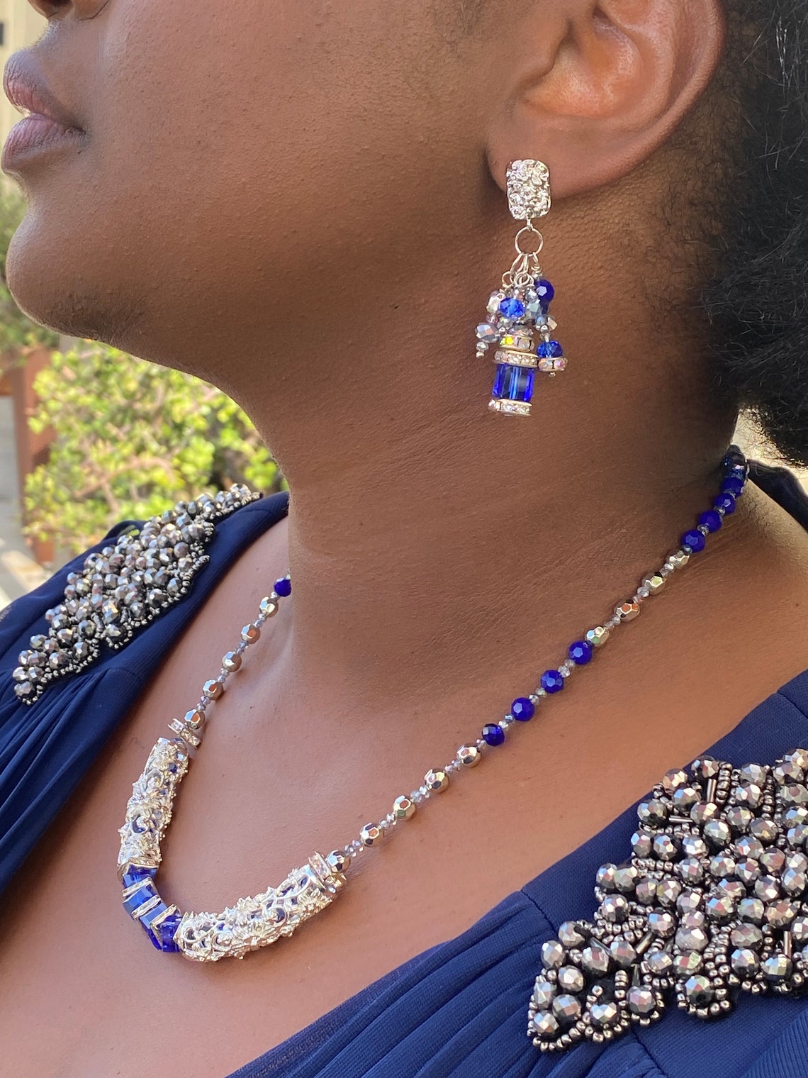 Cobalt Blue Silver Beaded Necklace Earrings Gift for Mother Gift for ...