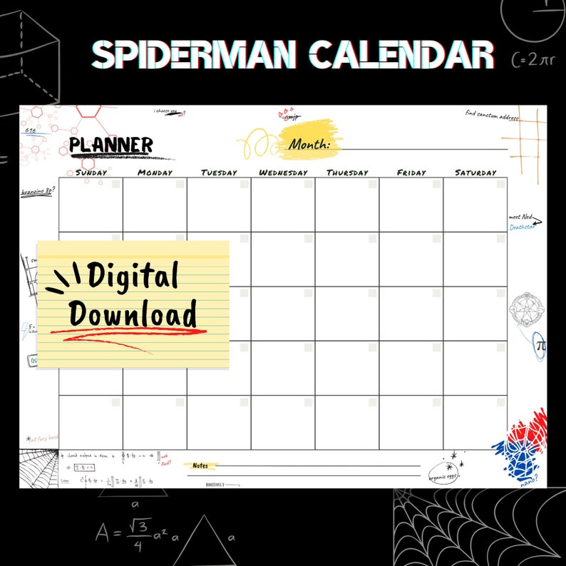 Spiderman Monthly Calendar| Marvel Calendar Planner for Fans| Spiderman ...