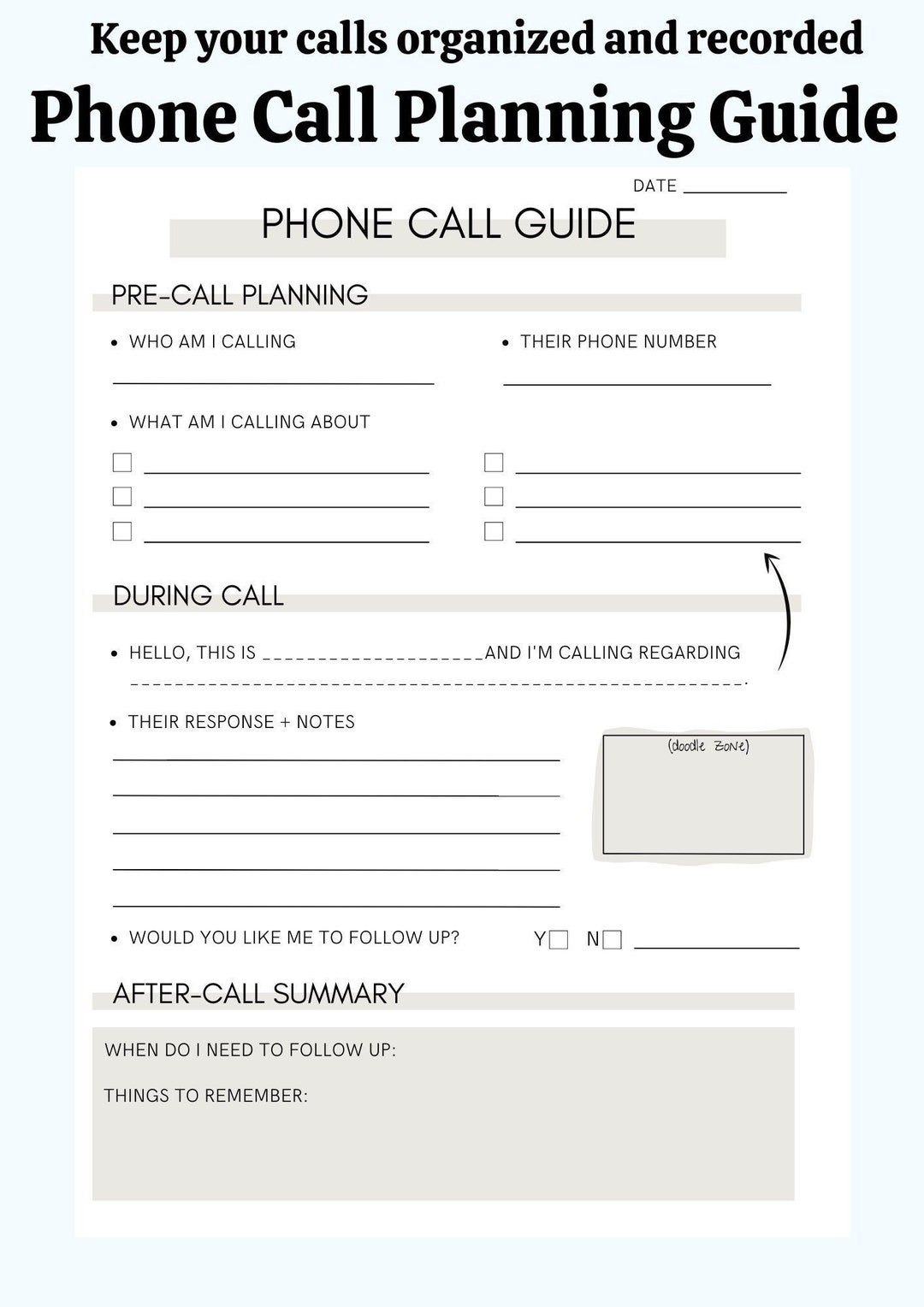 Phone Call Guide to Plan and Record Calls|phone Call Cheat Sheet|phone ...