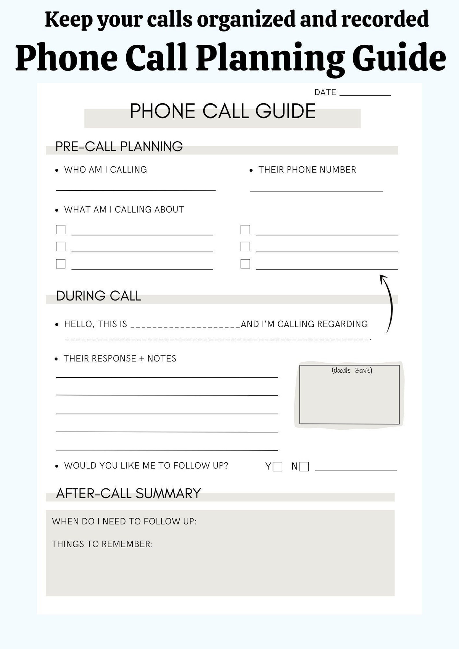 Phone Call Guide to Plan and Record Calls|phone Call Cheat Sheet|phone ...