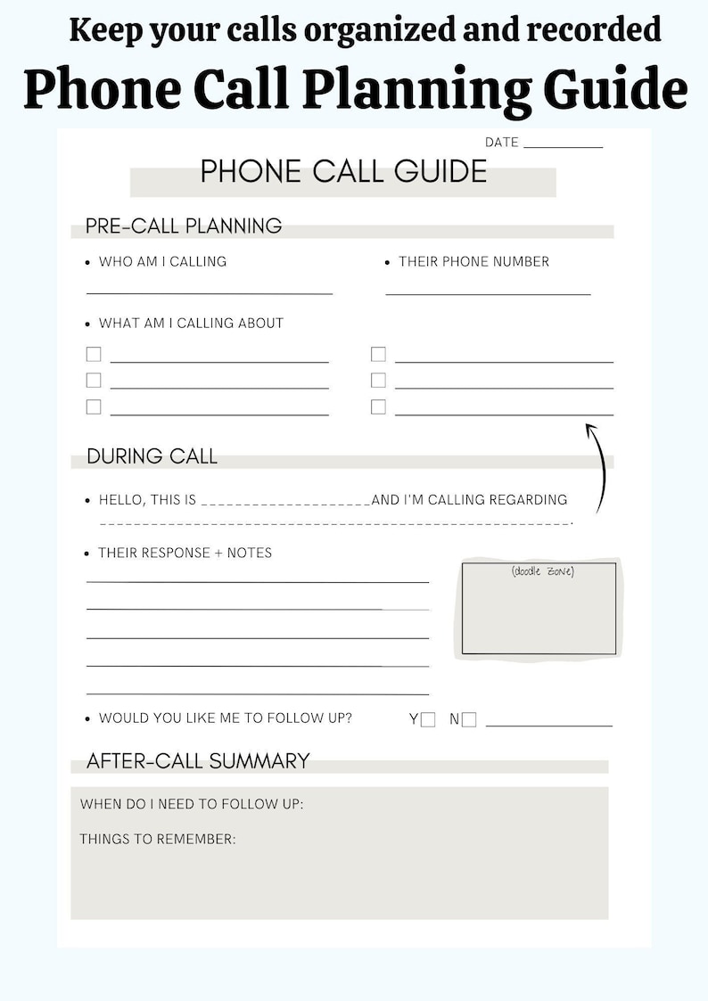 Phone Call Guide to Plan and Record Calls|phone Call Cheat Sheet|phone Call Log for Staying ...