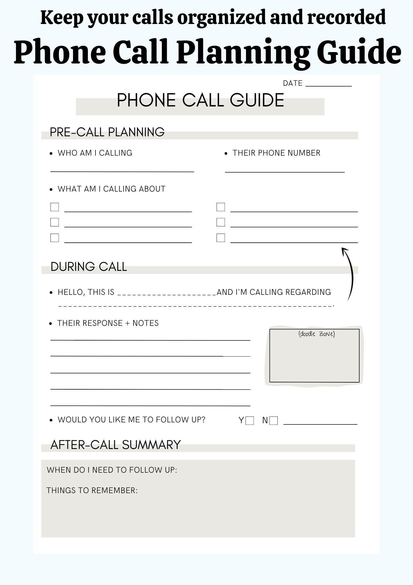 Phone Call Guide to Plan and Record Calls|phone Call Cheat Sheet|phone ...