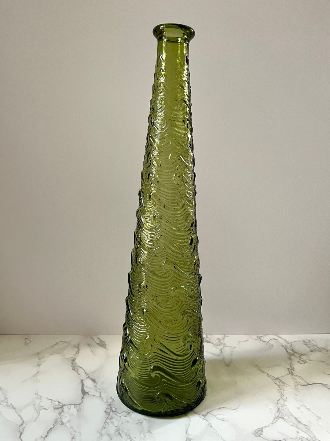 Vintage Empoli Genie Bottle: Olive Green Wave Glass, MCM Decor (15.5 ...