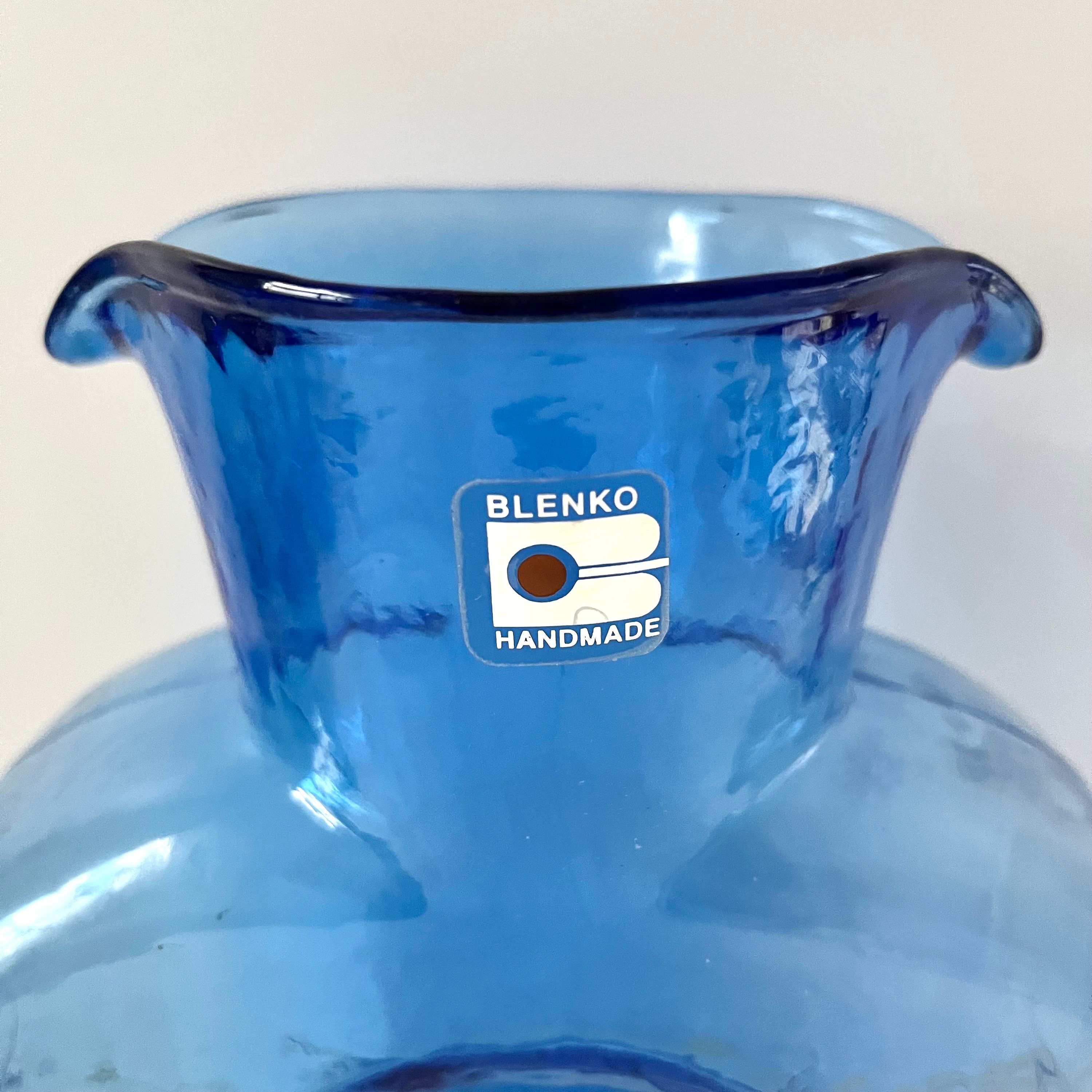 Blenko Water Bottle Blue With Block B Sticker Vintage Glassware 1980s ...