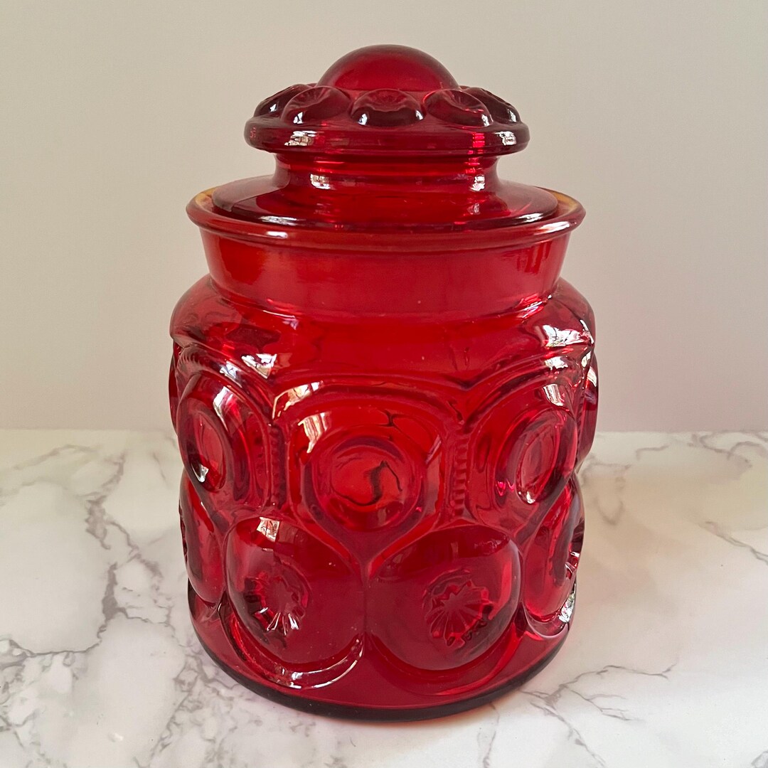 LE Smith Ruby Red Moon and Stars Glass Canister 6 5/8 Inches Tall ...