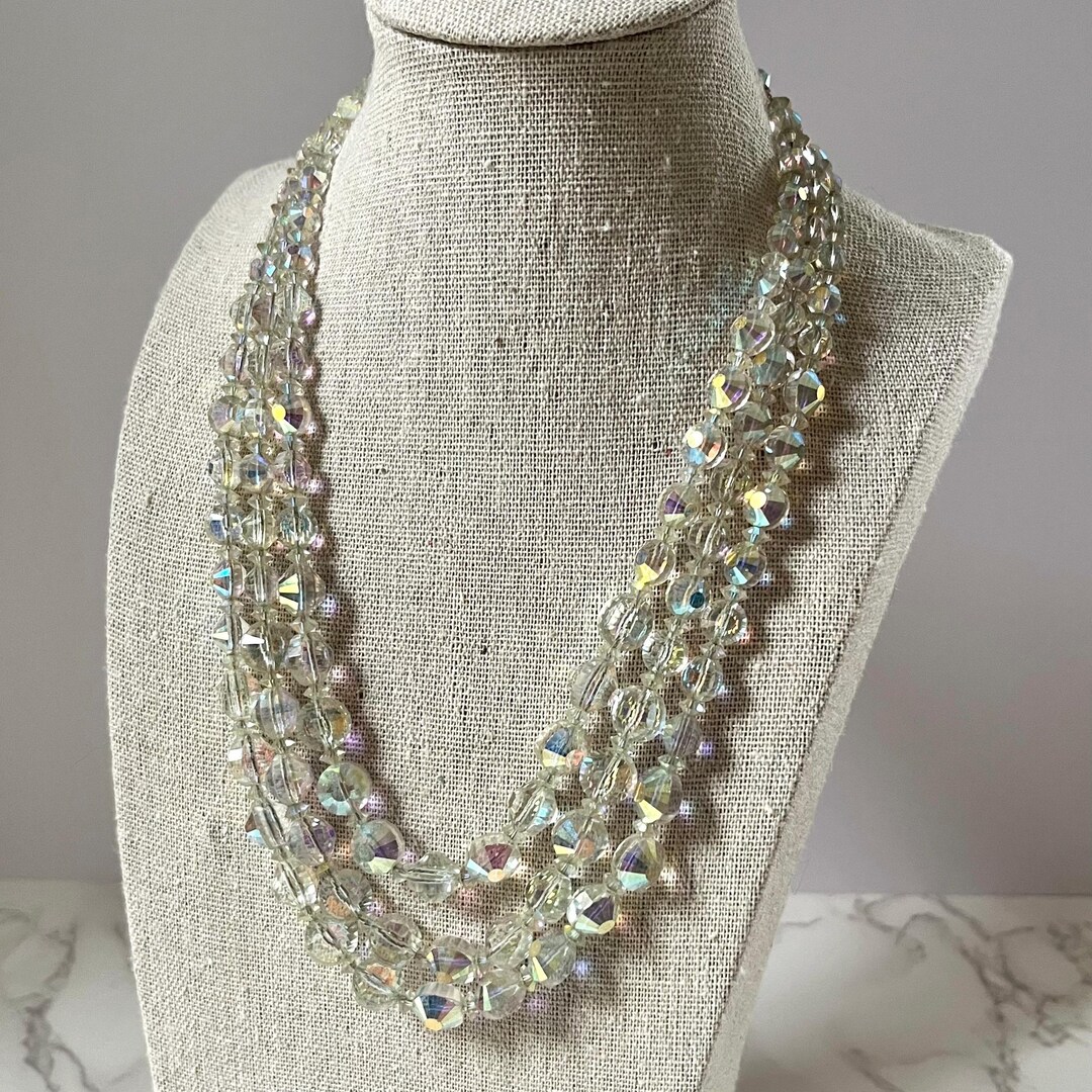 Vintage Hobe Signed Necklace Triple Strand AB Rivoli Rhinestones With ...