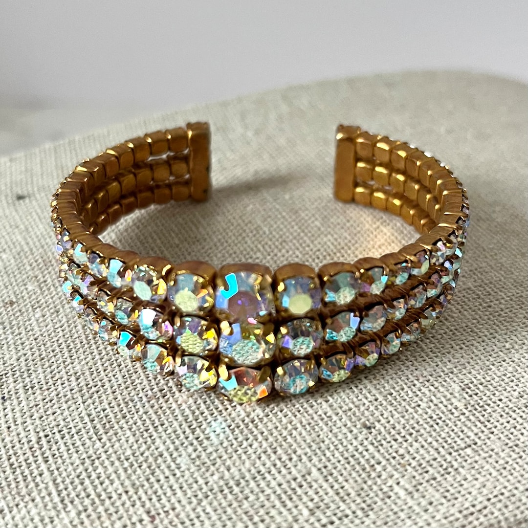 Vintage AB Rhinestone Cuff Bracelet Prong Set Gold Tone Unsigned ...