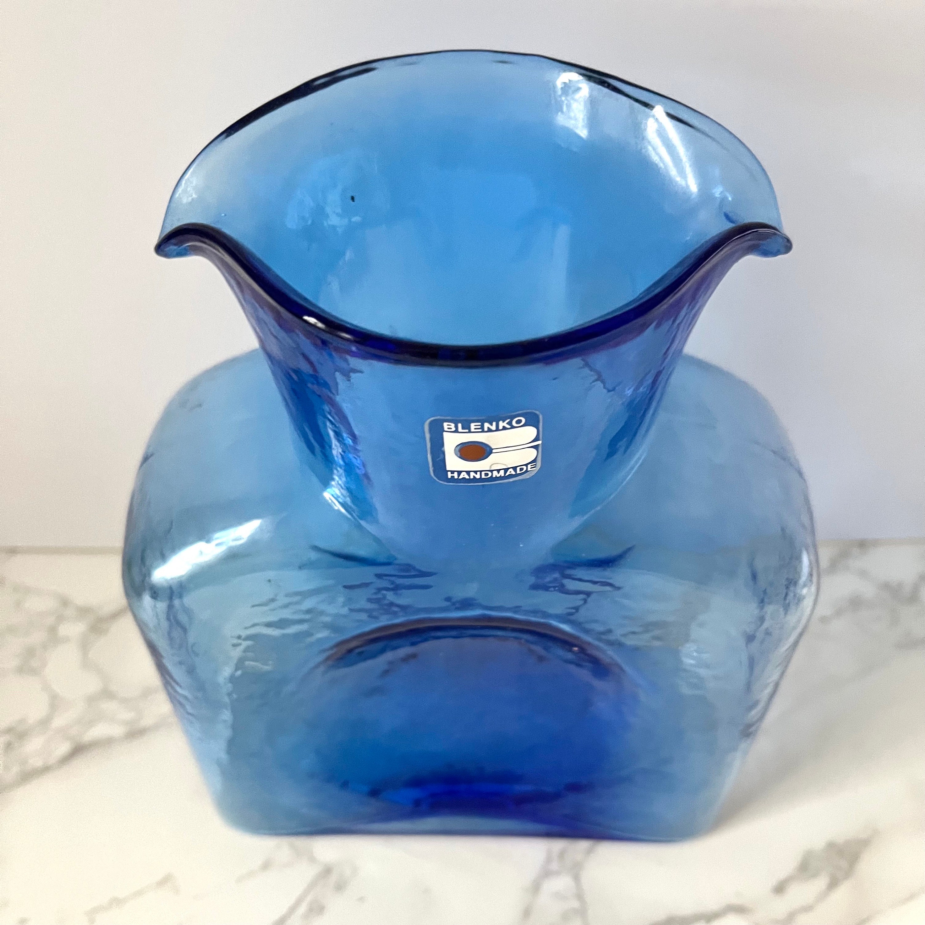 Blenko Water Bottle Blue With Block B Sticker Vintage Glassware 1980s ...