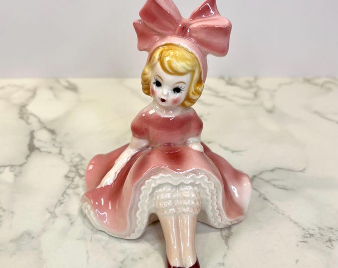Vintage Lefton Big Bow Petticoat Girl Figurine With Pink Dress | Made ...