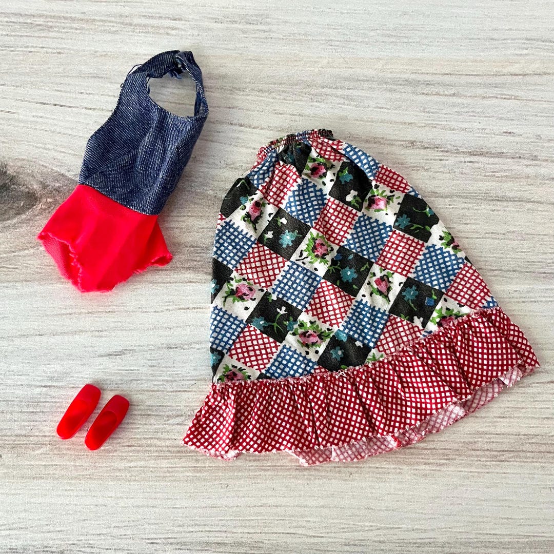 1972 Busy Barbie Outfit With Denim Halter Patchwork Skirt and Red Shoes ...