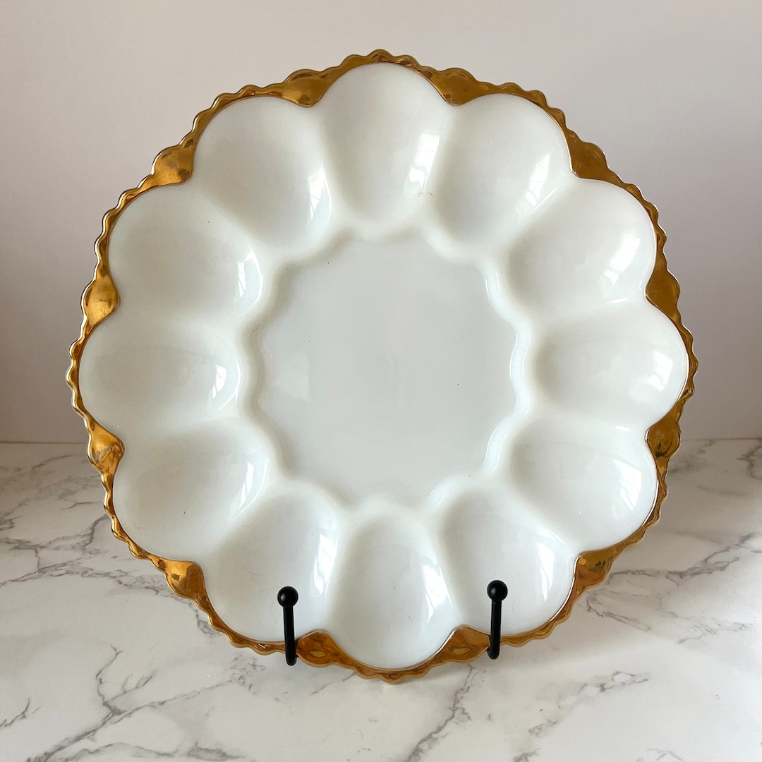 Vintage Anchor Hocking Deviled Egg Plate Milk Glass With 22k Gold Trim ...