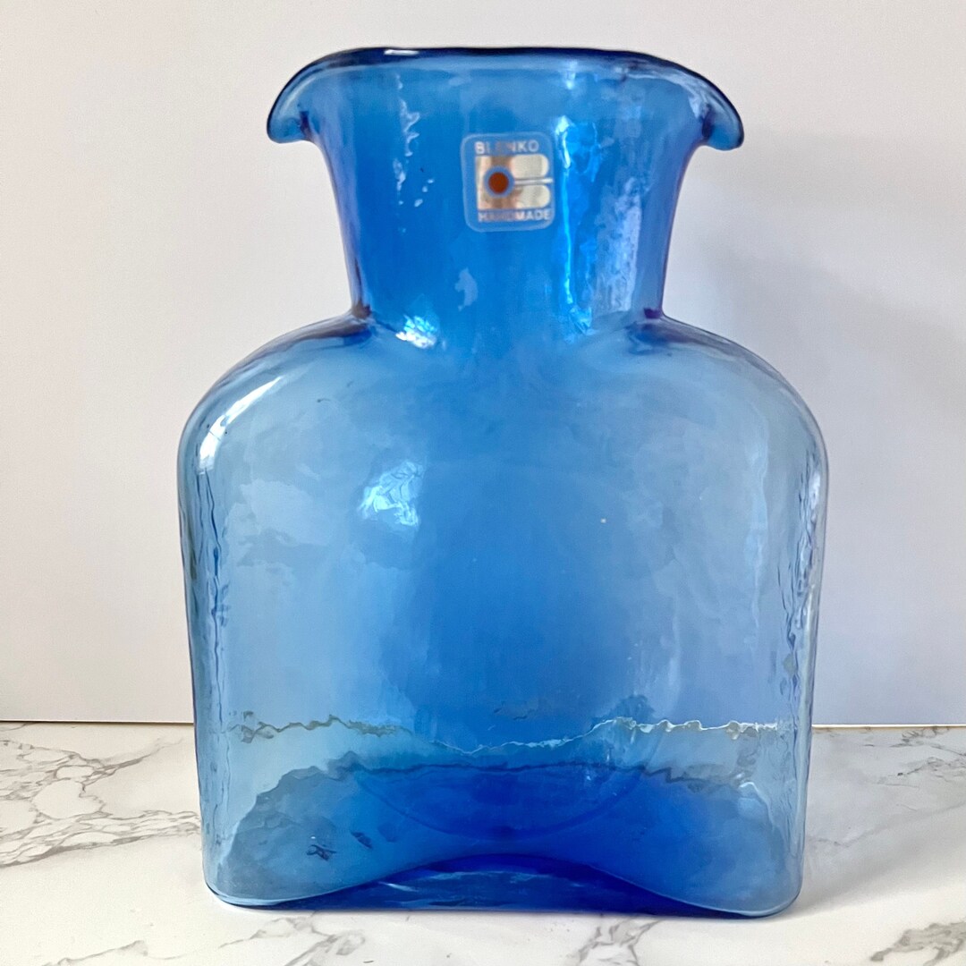 Blenko Water Bottle Blue With Block B Sticker Vintage Glassware 1980s ...