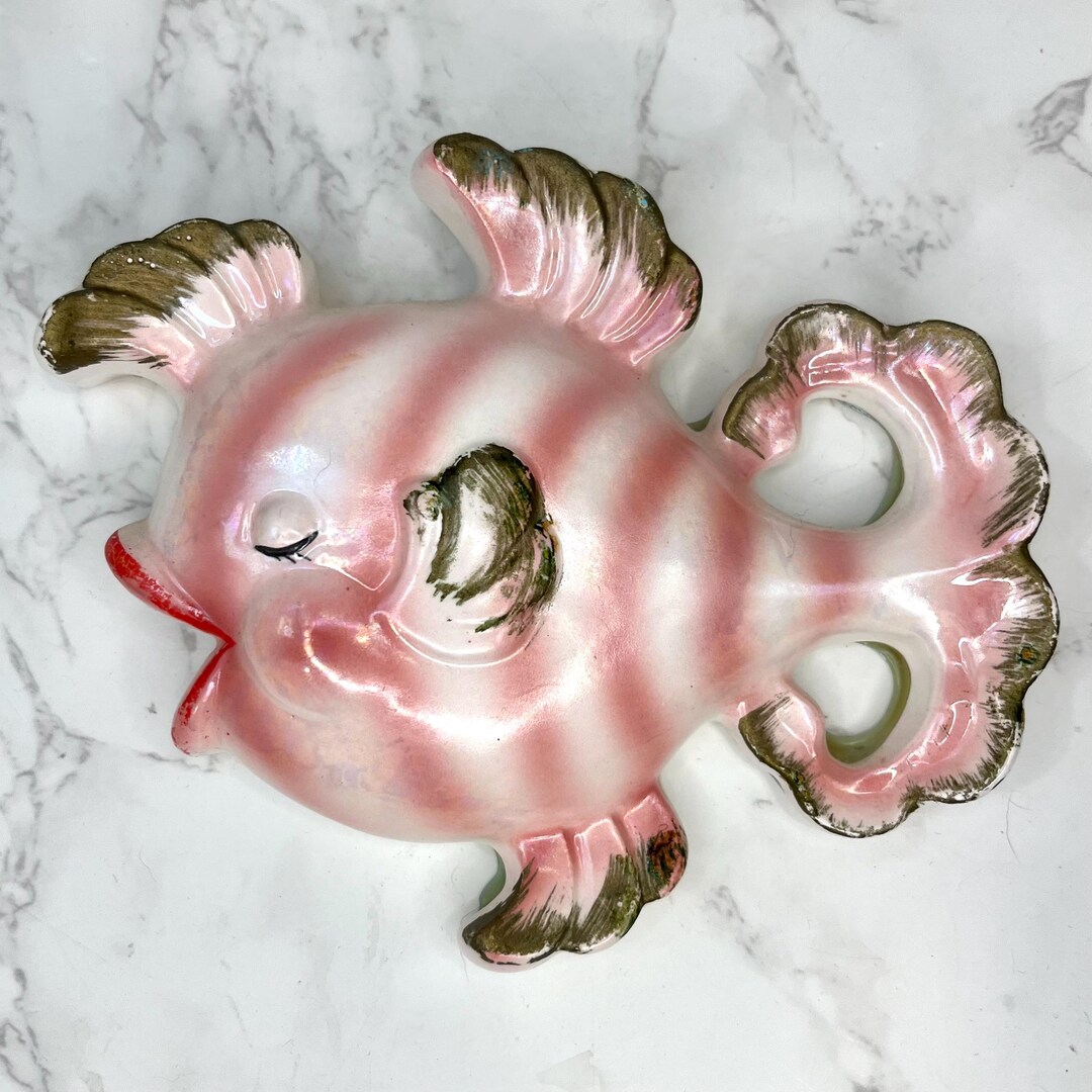 Vintage Bradley Anthropomorphic Fish Wall Pocket Pink and White Stripe ...
