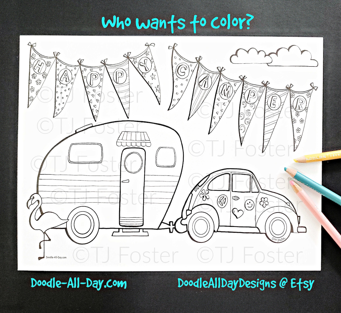 Happy Camper Coloring Page Camping Coloring Printable Summer - Etsy