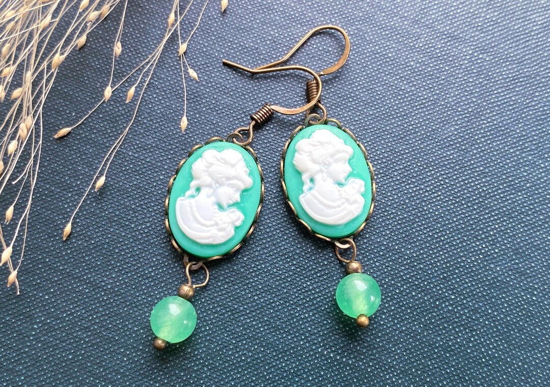Cameo Earrings With Green Aventurine Gemstone Beads, Gift for Mom ...
