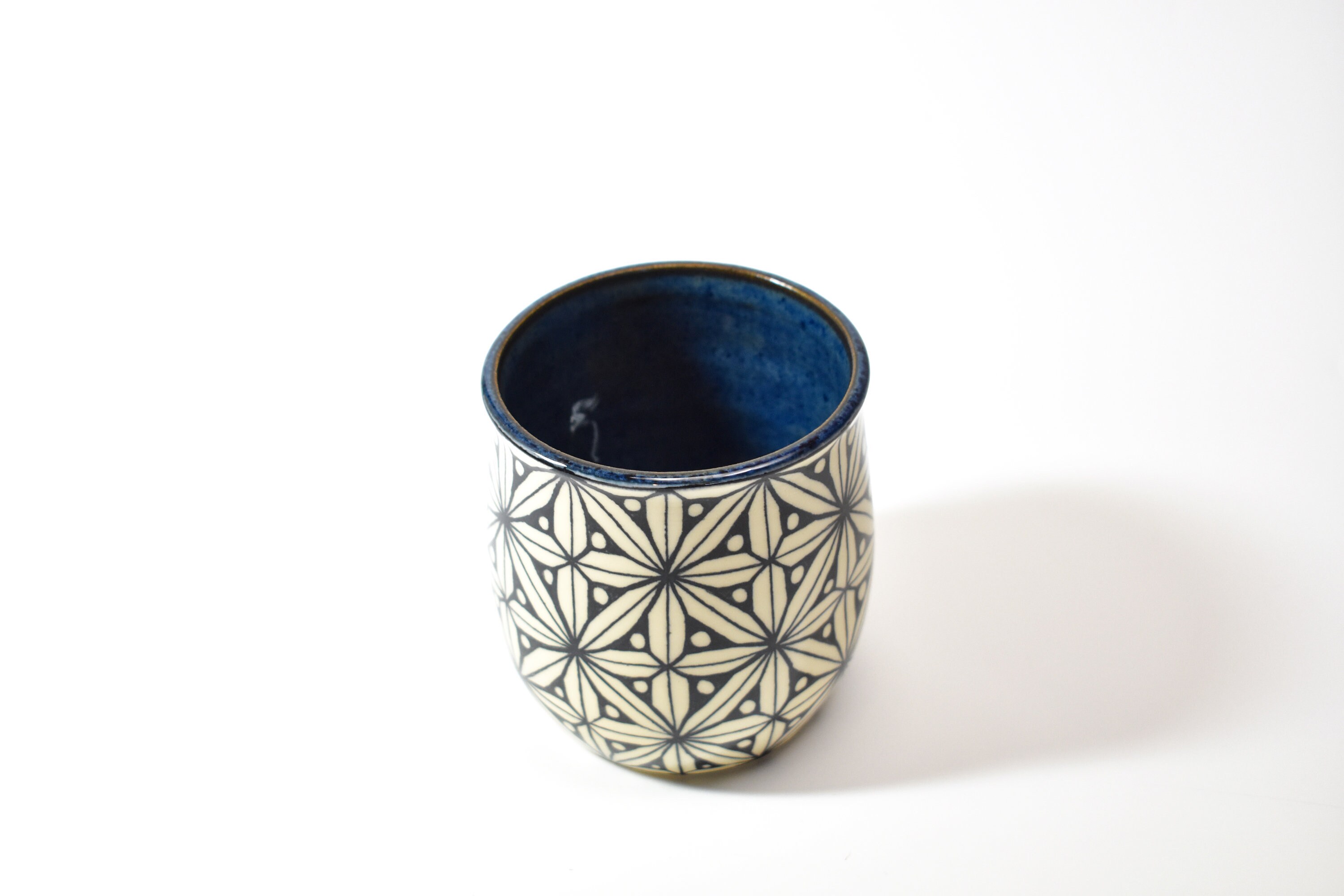 Ceramic cup 12 oz-handleless black tan blue Zentangle-inspired ...