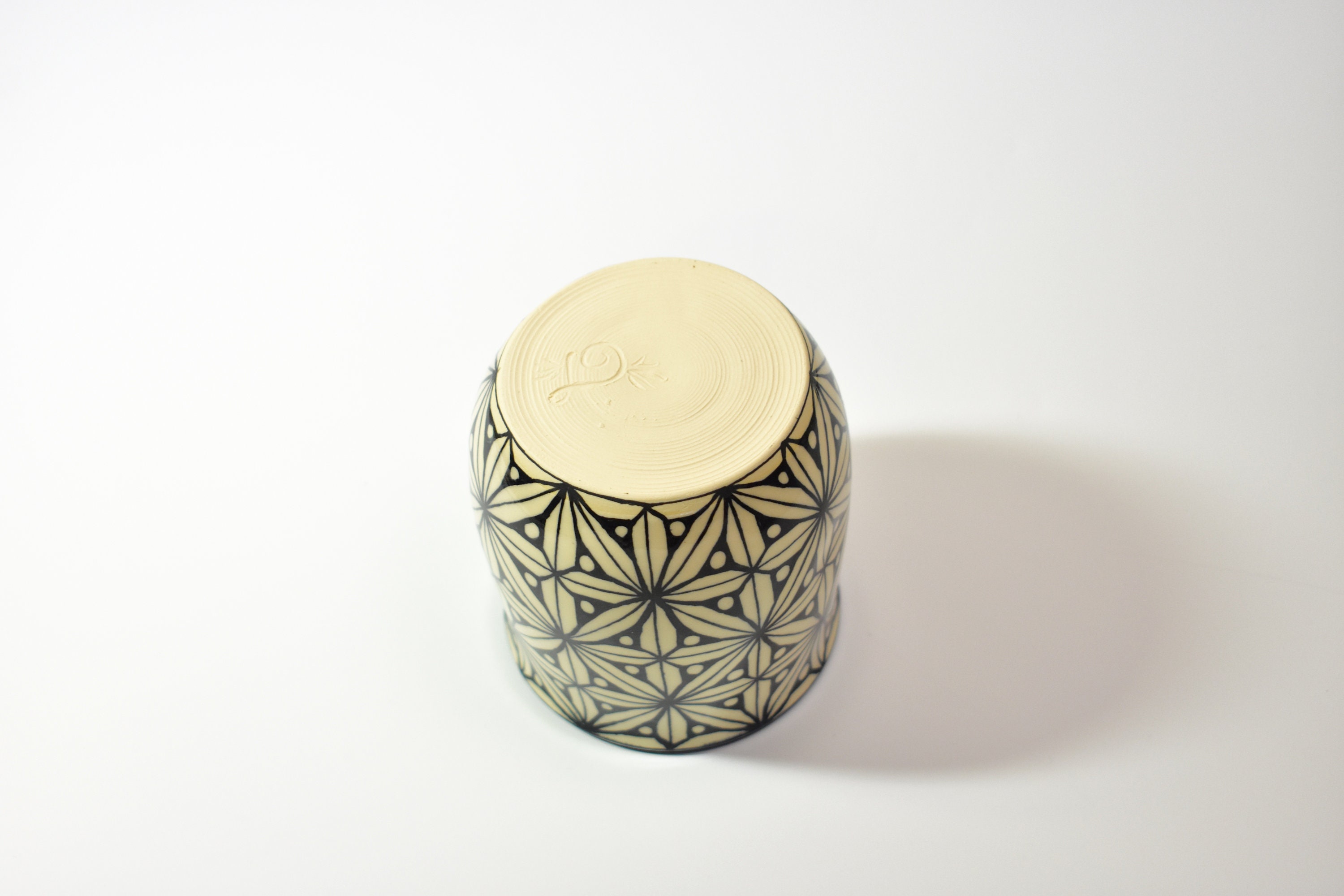 Ceramic cup 12 oz-handleless black tan blue Zentangle-inspired ...