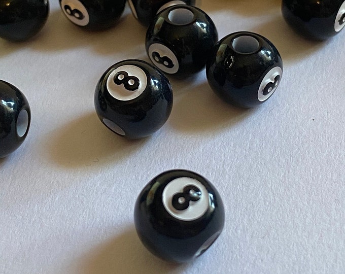 12 Pc Mini 8 Ball Beads, 12mm W/ 4mm Hole, Billiards, Pool, Magic 8 ...
