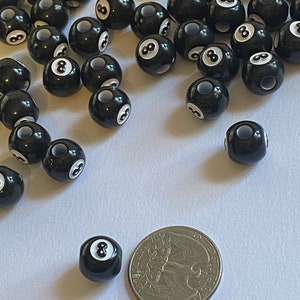 12 Pc Mini 8 Ball Beads, 12mm W/ 4mm Hole, Billiards, Pool, Magic 8 ...