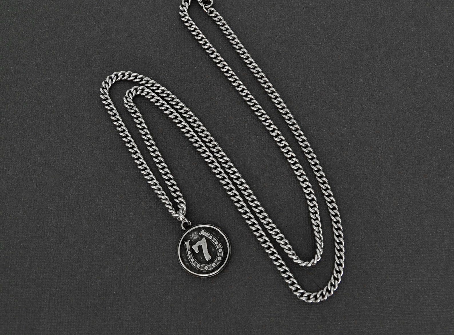 Horseshoe Lucky Seven Necklace, Stainless Steel Curb Chain, Mans ...