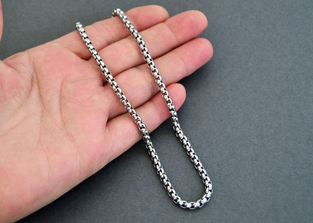 4mm Box Chain, Necklace for A Man, Silver Stainless Steel Thick Box ...