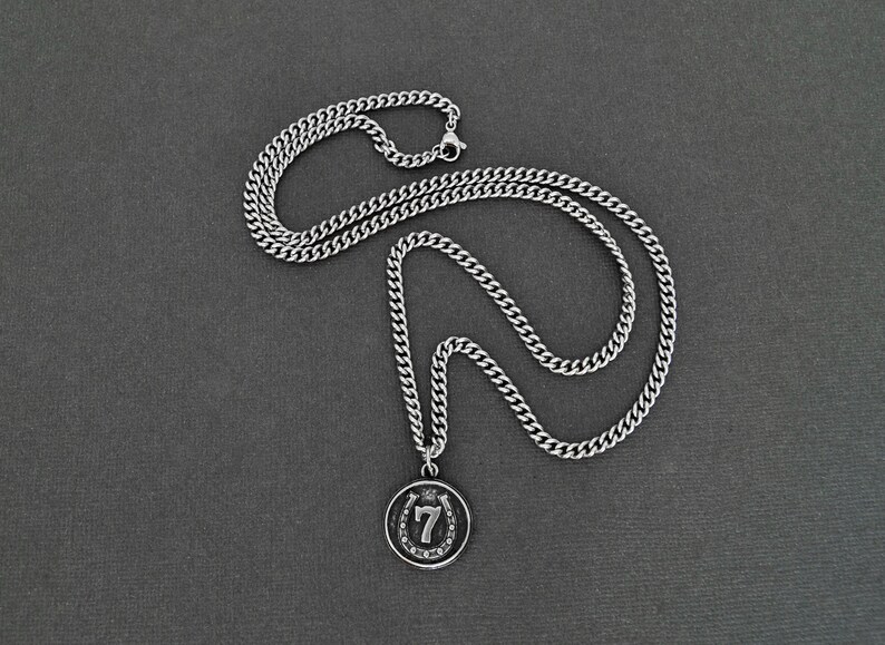 Horseshoe Lucky Seven Necklace, Stainless Steel Curb Chain, Mans ...