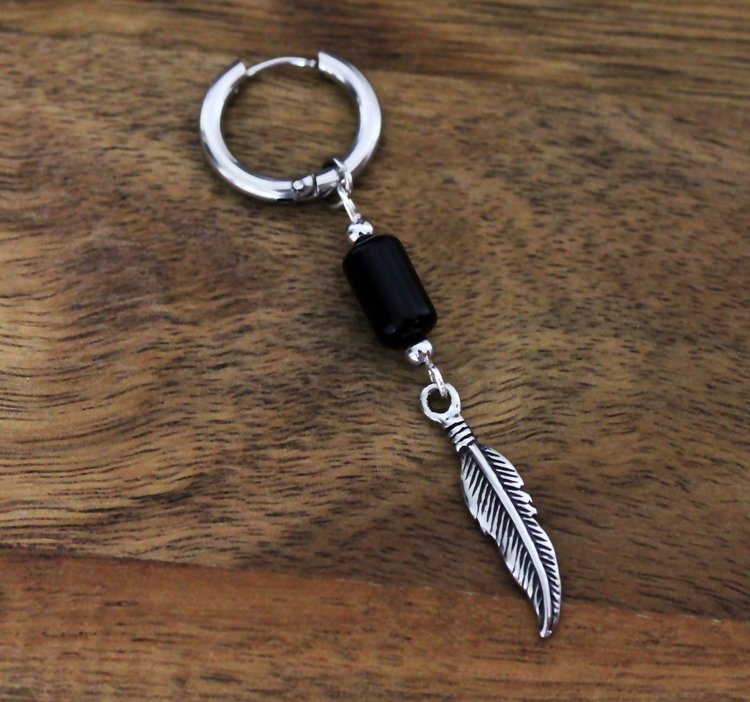 Black Onyx Feather Hoop Earring for a Man, Mans Earring, ONE EARRING ...