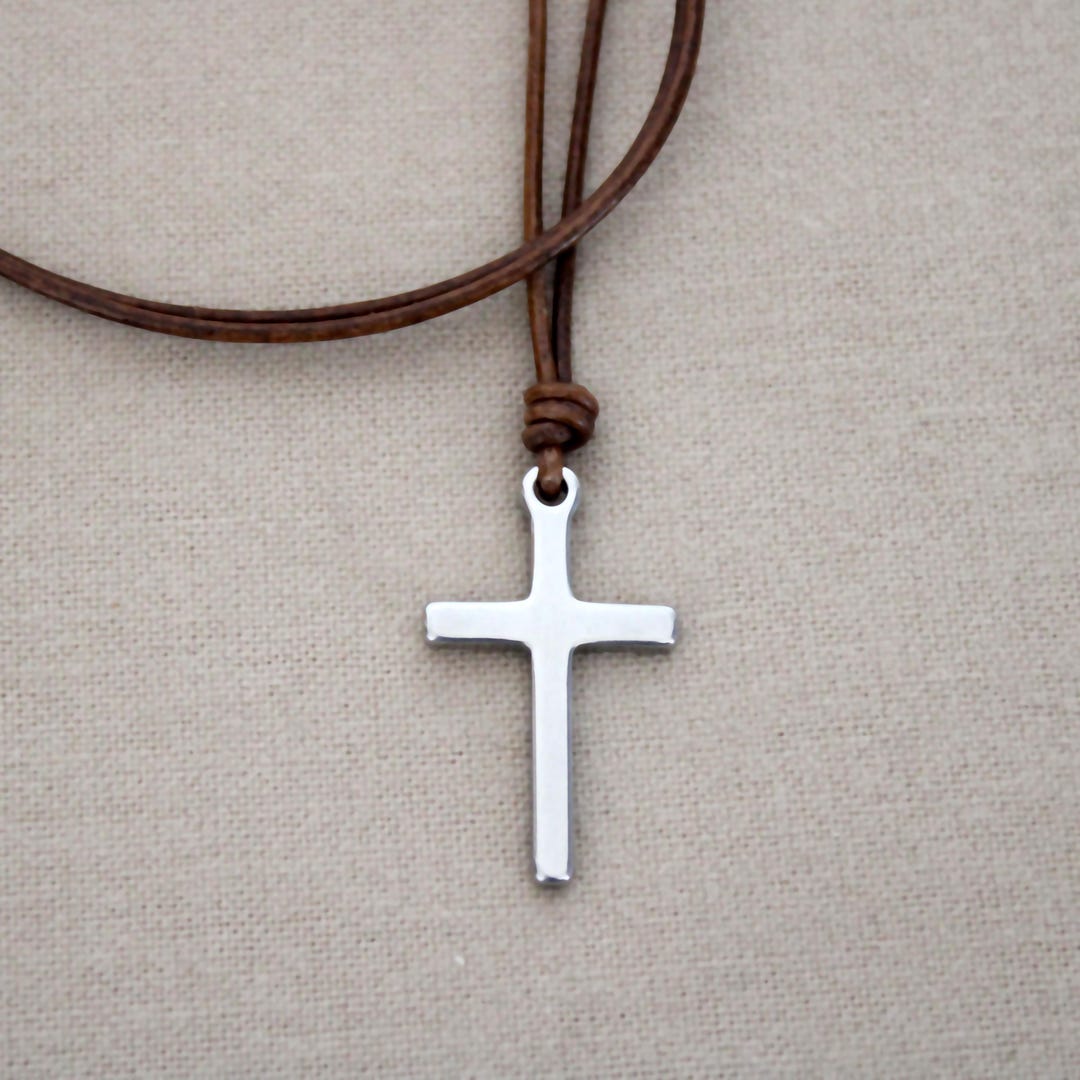 Brown or Black Leather Cross Necklace, Minimalist Simple Stainless ...