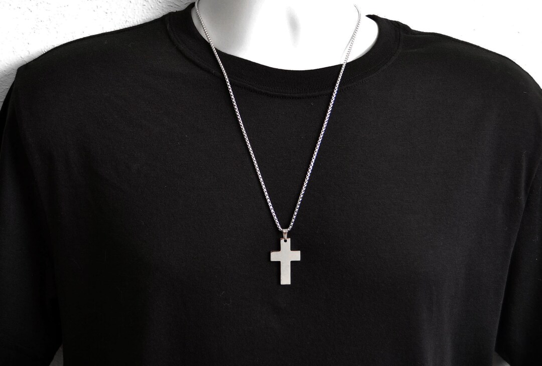 Stainless Steel Cross Necklace With Box Chain WATERPROOF Big Silver ...