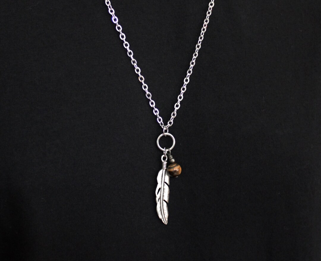 Silver 2 INCH FEATHER Necklace Tiger Eye Bead Feather Pendant - Etsy