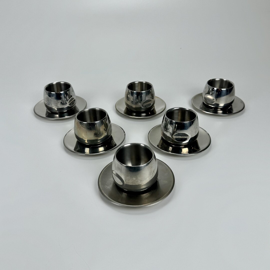 Set of Six Stainless Still Coffee Cups & Saucers by AMC Art Design ...