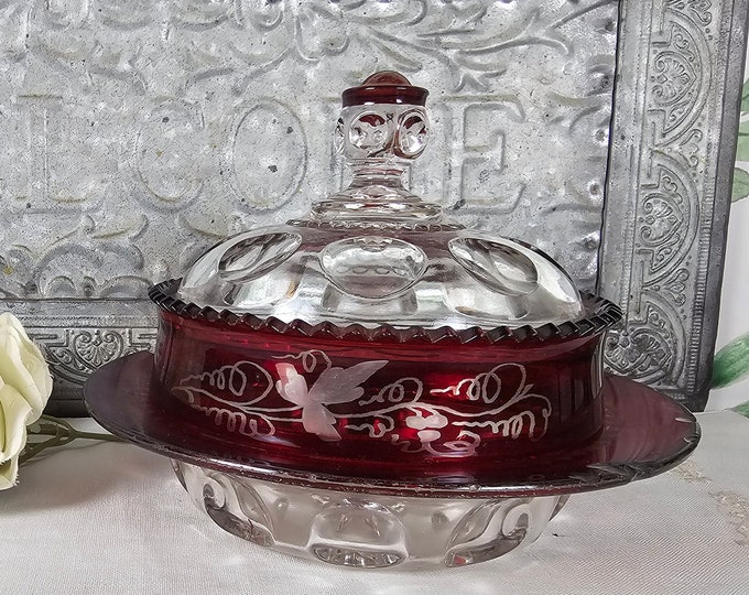 EAPG 1891 King’s Crown Covered Butter Dish - US Glass Co. - Ruby Stain ...