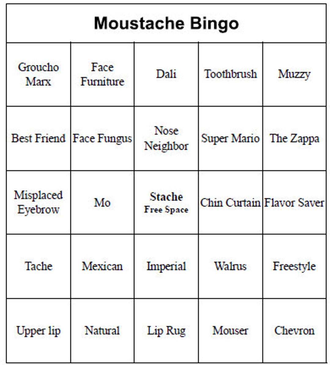 20 Individual Printable Mustache Bingo Cards for Baby Shower or ...