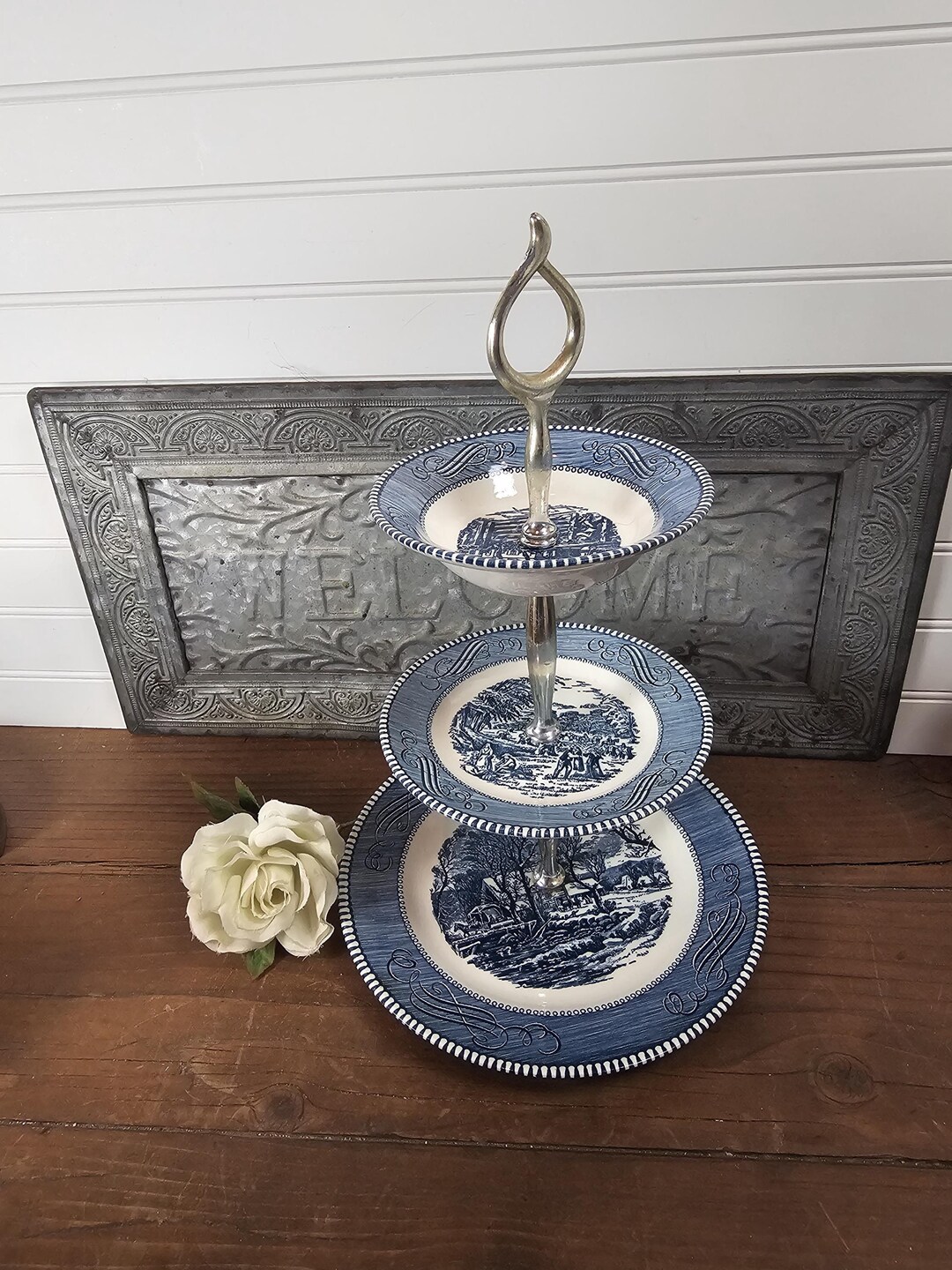 1950s 3-tiered Serving Tray With Teardrop Hardware - Currier and Ives ...