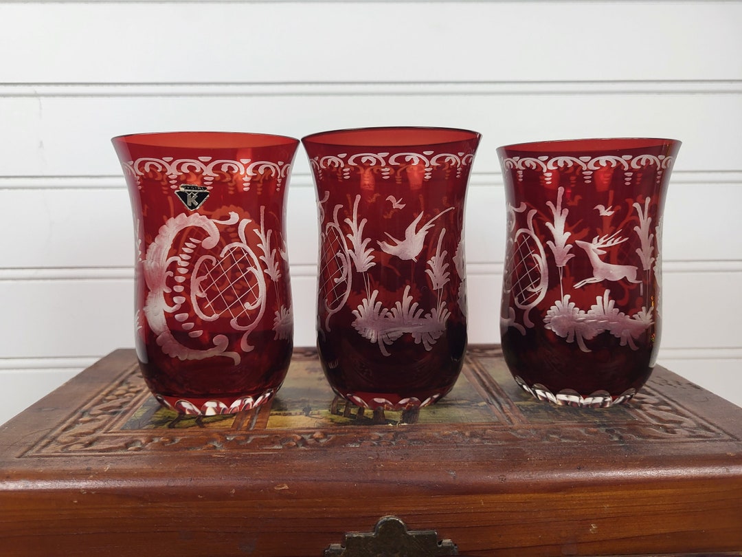 Bohemia Crystal Mid-century Ruby Red Glasses, Handmade and Hand Etched ...