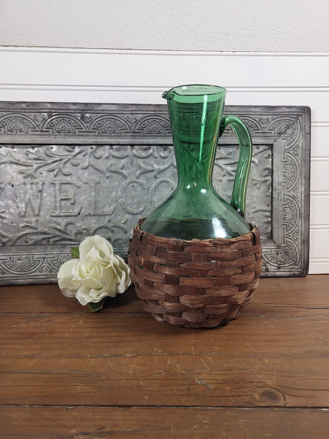 Vintage Large Green Glass Jug in Rattan Basket - Hand Blown - Etsy