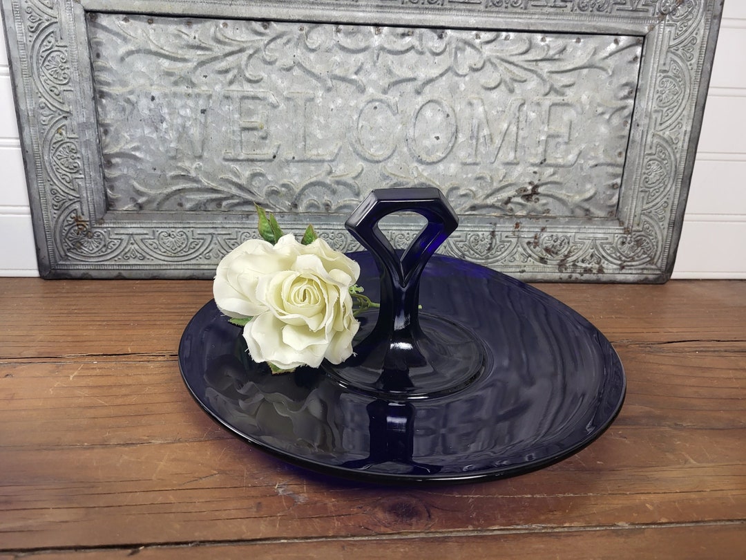 Vtg Server With Center Handle - Cobalt Blue Glass Round - Etsy