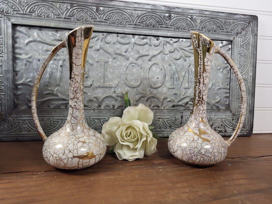 Pair of Vintage MCM Art Pottery Vases With Gold Crackle Glaze - Etsy