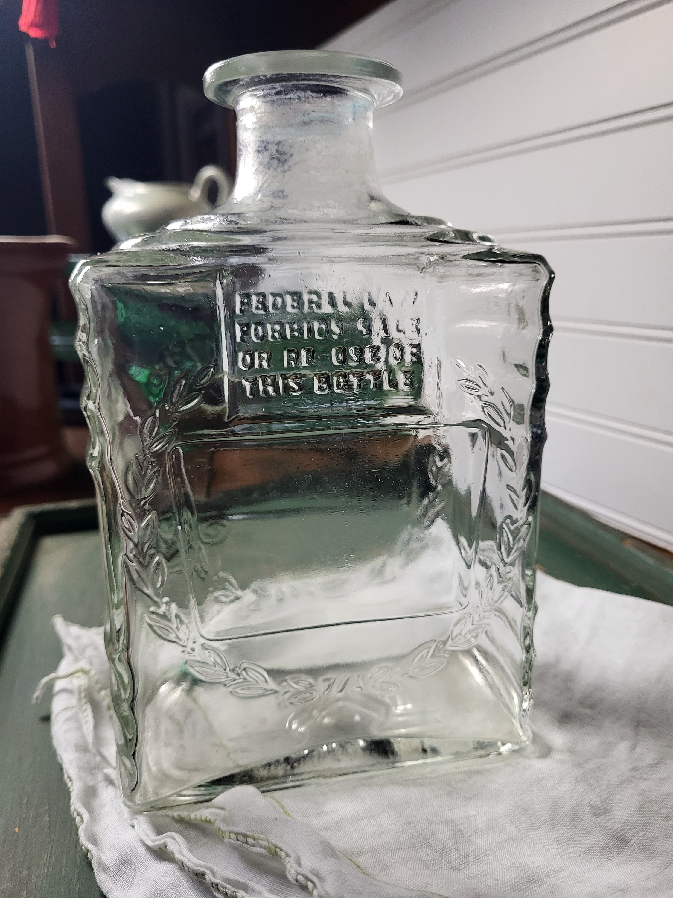 Vintage Post-prohibition Square Glass Bottle: Laurel Design, Owens ...