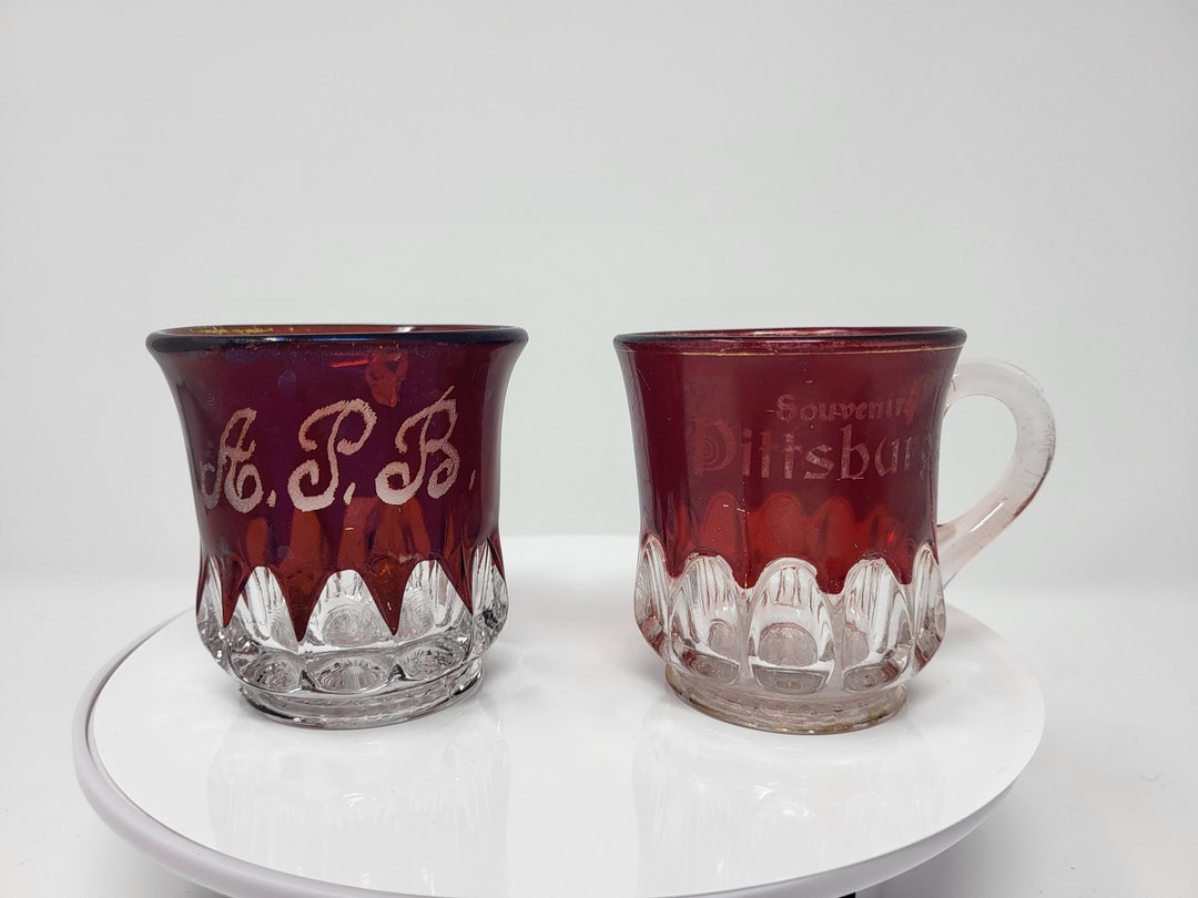 2 Cups EAPG Souvenir Glass Ruby Flash Ruby Stain Blocked Thumbprint ...