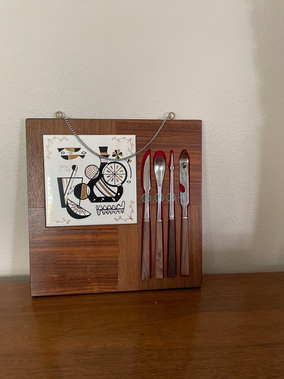 Vintage Wood Cheese Board, 1970's Wood Tile Cheese Board With Utensils ...