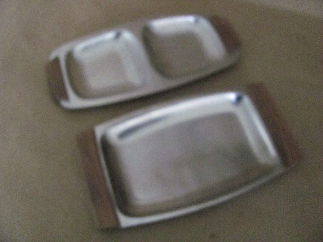 Vintage Silver Mini Trays, 1960's Aluminum and Wood Mini Condiment ...