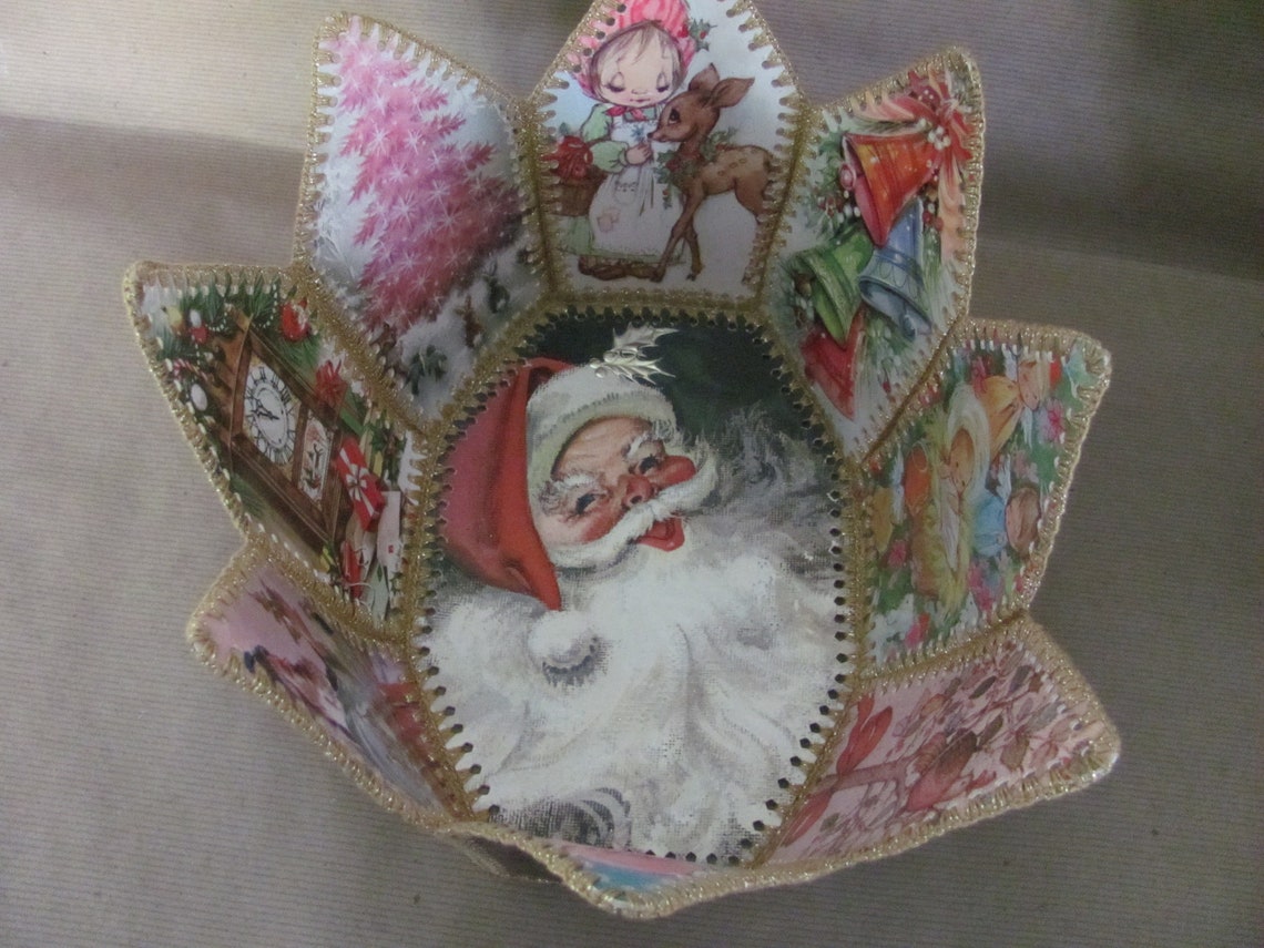 Vintage Christmas Card Bowl, 1970's Crochet Christmas Card Bowl ...