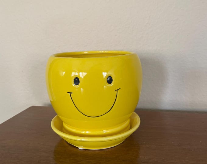 Vintage Ceramic Smiley Face Planter, Yellow Happy Face Planter Pot With ...