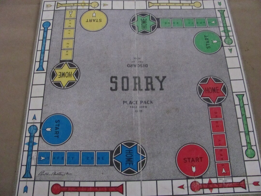 Vintage Sorry Game Board, 1950's Parker Brothers Sorry Cardboard Game ...