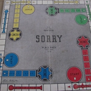 Vintage Sorry Game Board, 1950's Parker Brothers Sorry Cardboard Game ...